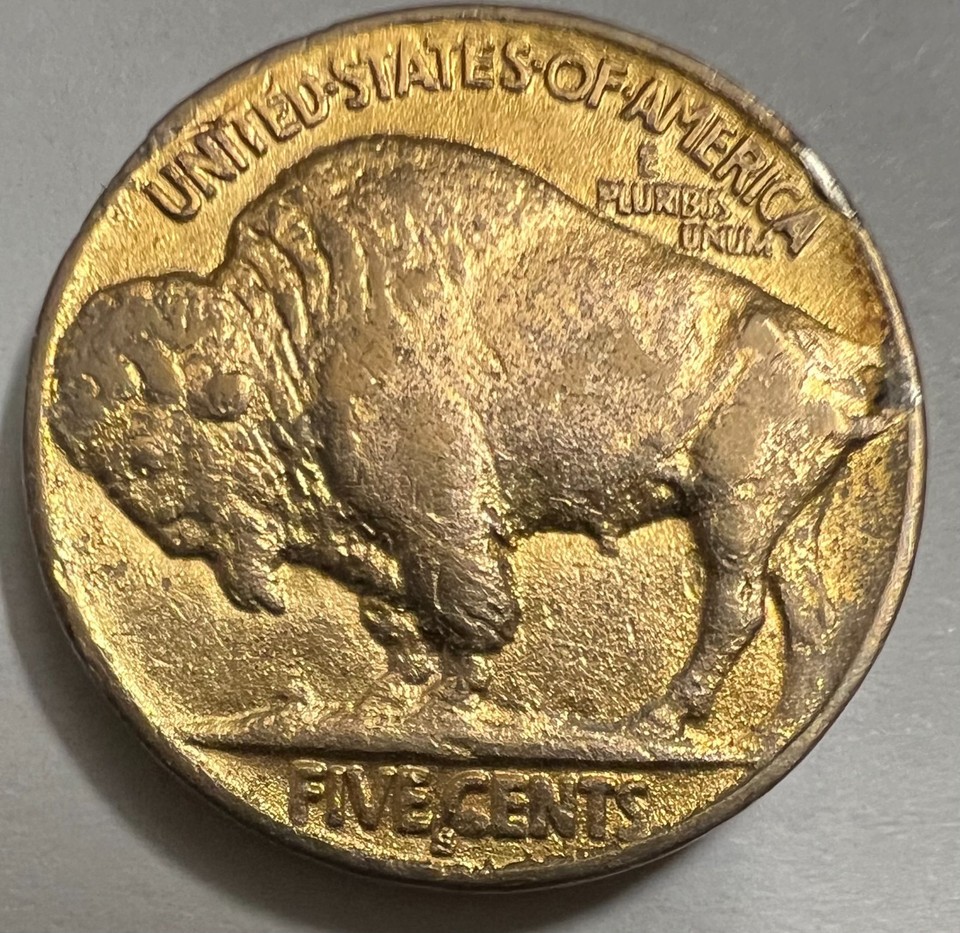 1913-S TYPE 2 BUFFALO NICKEL EXTRA FINE, HAS GOLDEN COATING / RACKETEER ...