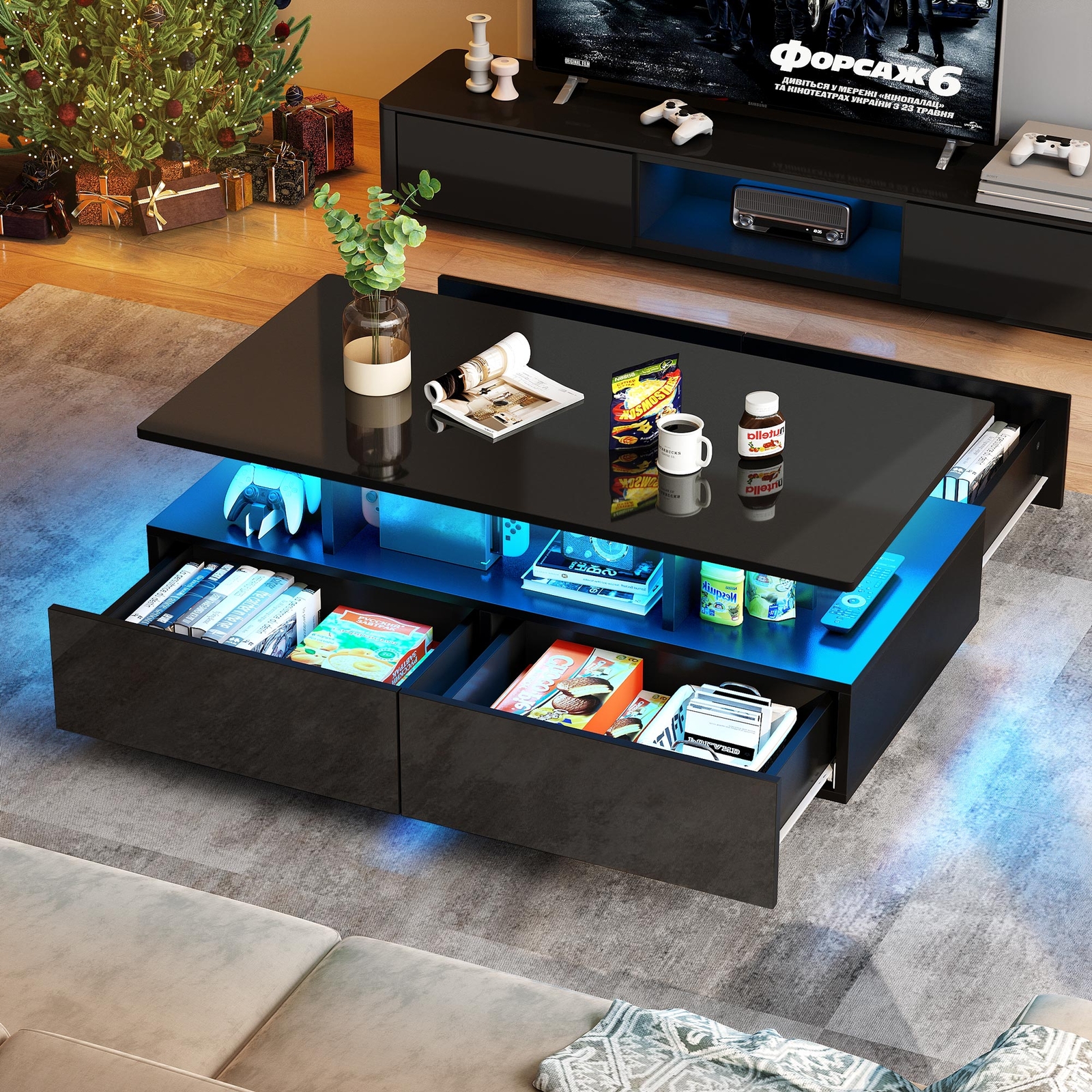Black LED Coffee Table Modern High Gloss Center Table with Storage ...