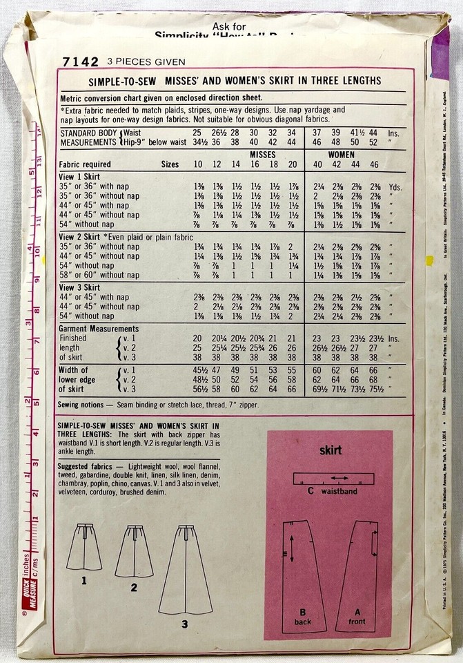 1975 Simplicity Sewing Pattern 7142 Womens Skirt 3 Lengths Sz 18-20 ...