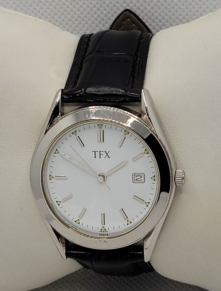 Mens TFX by Bulova Silver Tone Black Leather Band White Dial Date Watch ...