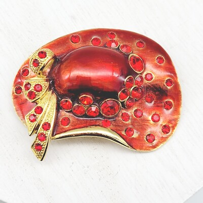 Red Hat Brooch Pendant Red Rhinestones Gold Tone Enameled Fun Feminine ...