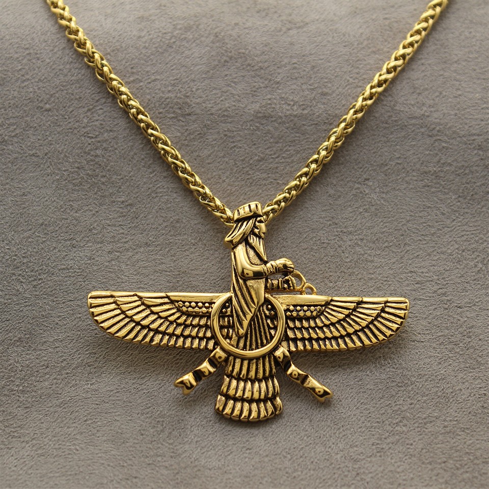Large Engraved Gold Pt Persian Farvahar Necklace Chain Persia Farohar ...