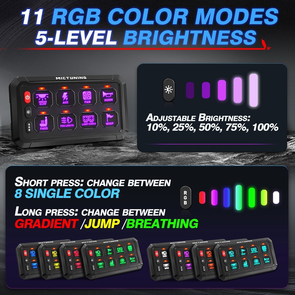 RGB 8 Gang Switch Panel On-Off LED Circuit Control For Jeep Off-Road ...