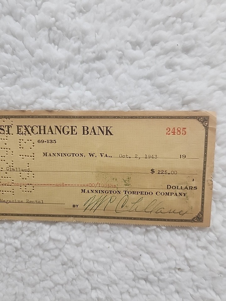 First Exchange Bank Of Mannington Canceled Check Oct 1943 Mannington ...