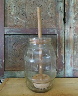 Primitive Make Do Glass Pickle Jar Butter churn w wood lid and dasher ...