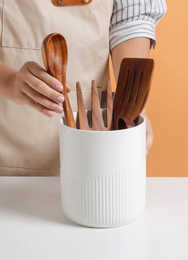 Large Ceramic Kitchen Utensil Holder, 7", Stable Utensil Crock ...