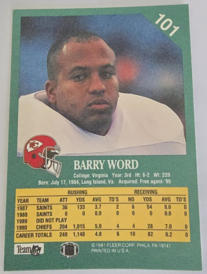 Football, Barry Word, 1991 Fleer, Kansas City Chiefs, RB, Card # 101 | eBay