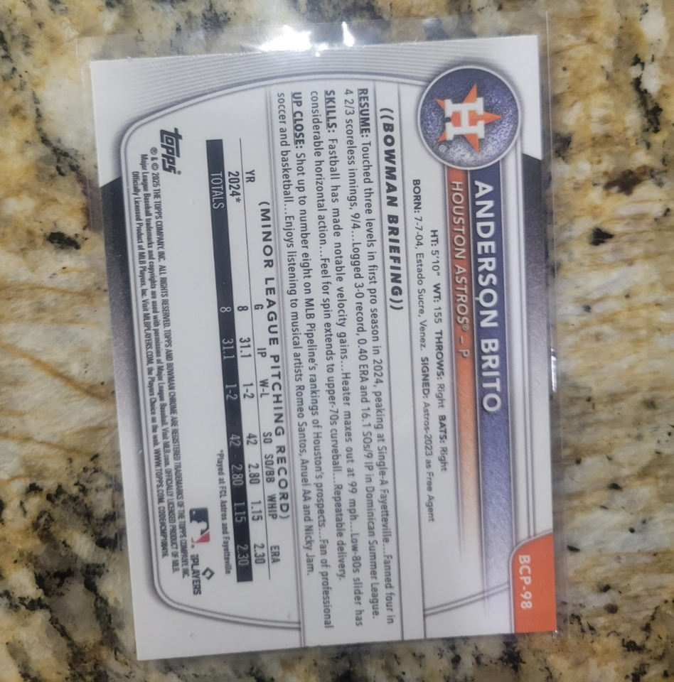 Anderson Brito Signed 2025 1st Bowman Baseball Card BCP-98 Astros ...