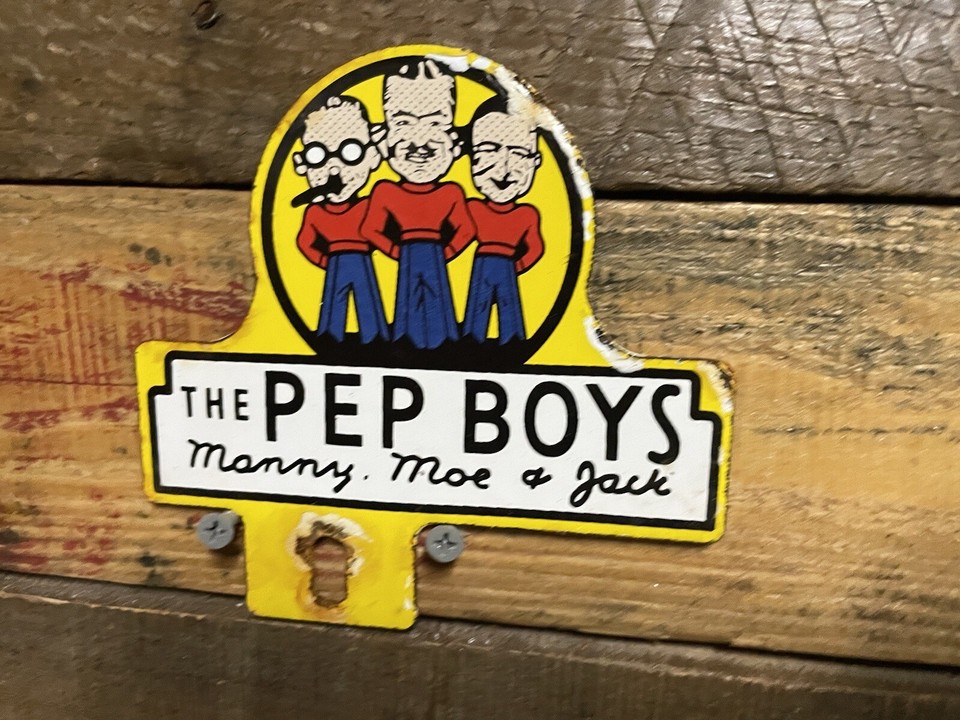 VINTAGE PEP BOYS PORCELAIN SIGN AUTOMOBILE PARTS STORE GARAGE TOPPER ...