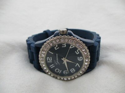 Geneva Women's Navy Blue Rhinestone Watch Silicone Buckle Band ...