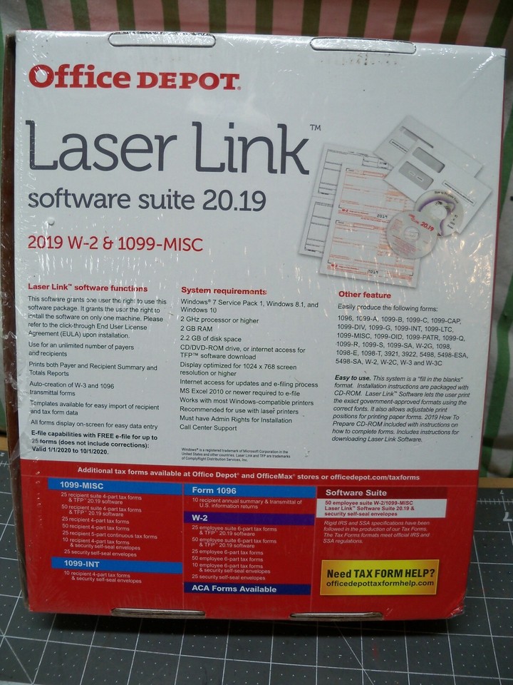 Office Depot Laser Link Software Suite W-2 + 1099-Misc 50 Employees ...
