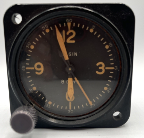 WWII Elgin Aircraft Cockpit Clock 8 Day Panel Mount Aviation Instrument ...