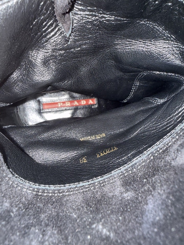 PRADA Black Suede Mid-Calf Wedge Bootie Buckle Strap Round Toe EU 38 ...