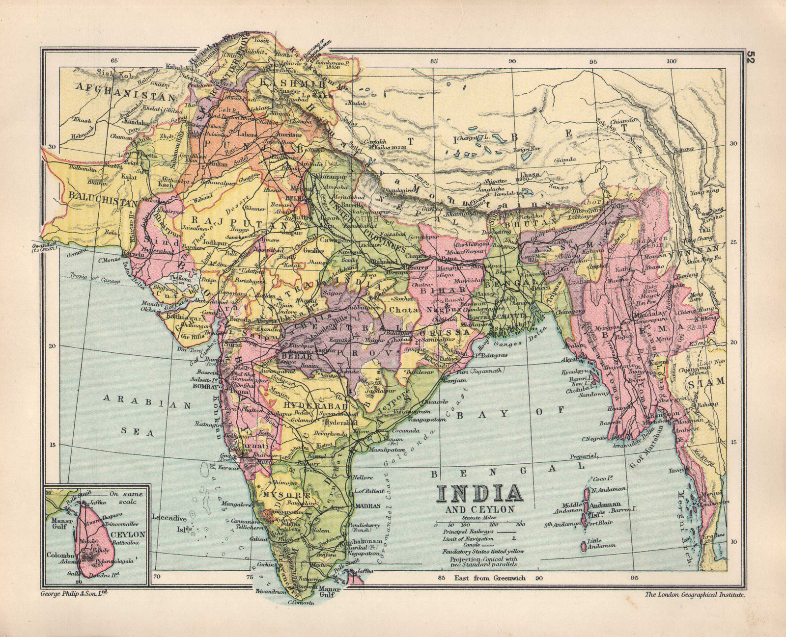 1934 MAP ~ INDIA & CEYLON ~ MYSORE BENGAL BOMBAY MADRAS BURMA PUNJAB ...