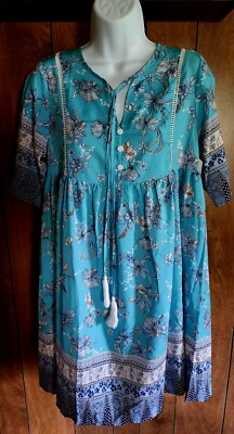NWT Made with Love Blue Floral Pattern Dress Boho Sheik Soft & Flowy ...