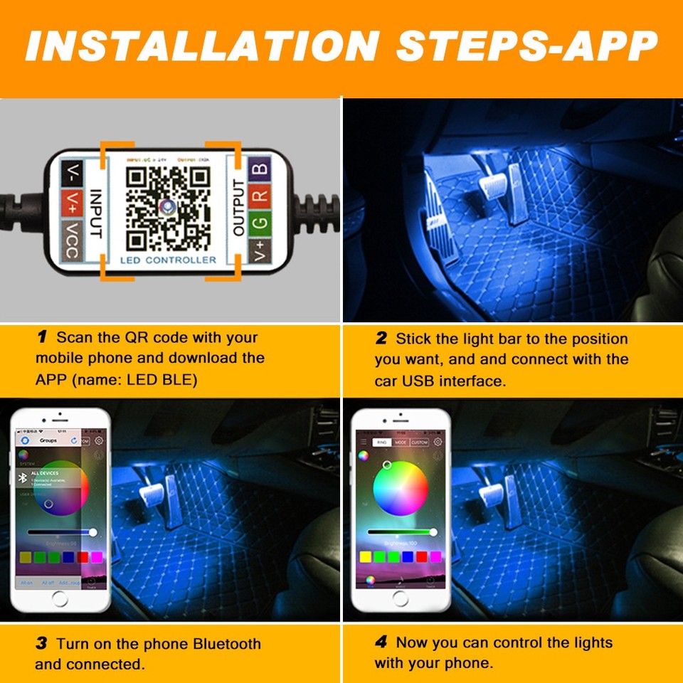 APP Music Control 4× 48LED RGB Car Interior Atmosphere Light Strip Bar ...