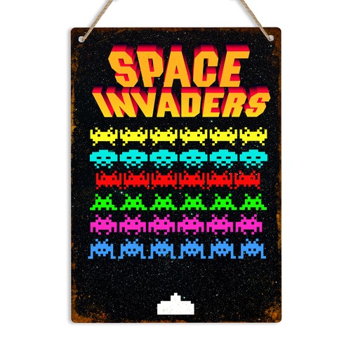 SPACE INVADERS Metal Tin Wall Sign Plaque Retro Gaming 8 Bit Arcade ...