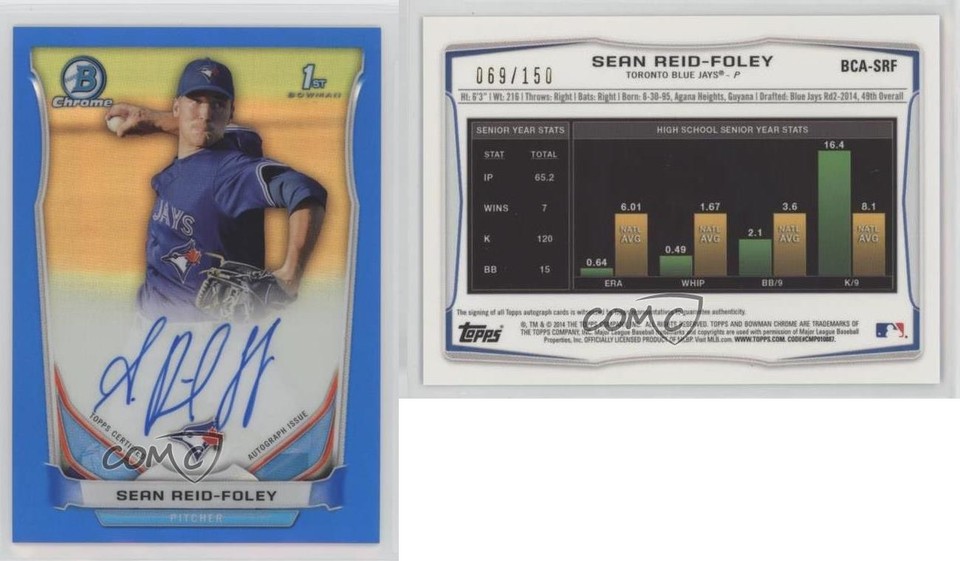 2014 Bowman Draft Chrome Pick Blue Refractor 69/150 Sean Reid-Foley ...