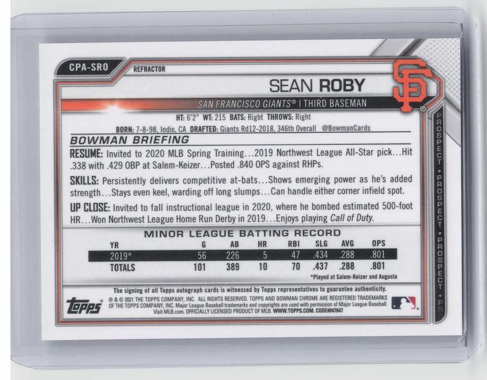 2021 Bowman Chrome #CPA-SRO Sean Roby 1st Refractor Auto #/499 | eBay