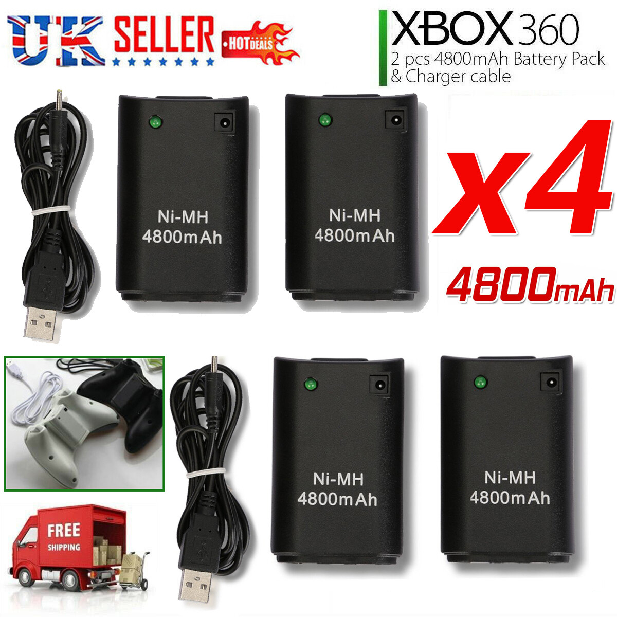 4x Battery Pack + Charger Cable For Microsoft Xbox 360 Wireless ...