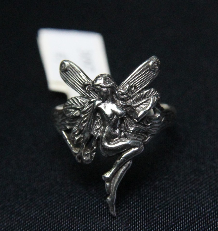 Sterling Silver Fairy Ring Lovely High Detailed Pixie Elf on Tree ...