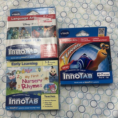 3 VTECH INNOTAB GAME CARTRIDGES Disney PIXAR, Turbo, And Nursery Rhymes ...