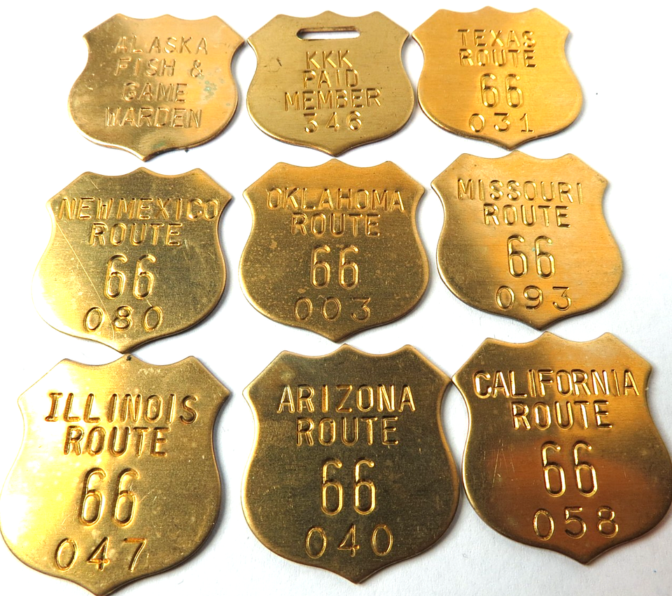 9 STATE BRASS ROUTE 66 PINS PLATES BADGE BADGES MISSOURI ALASKA TEXAS ...