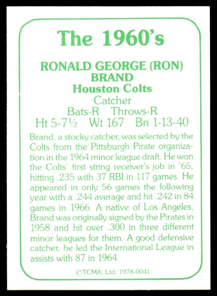 1978 TCMA The 1960's I Ron Brand Houston Astros #41 | eBay