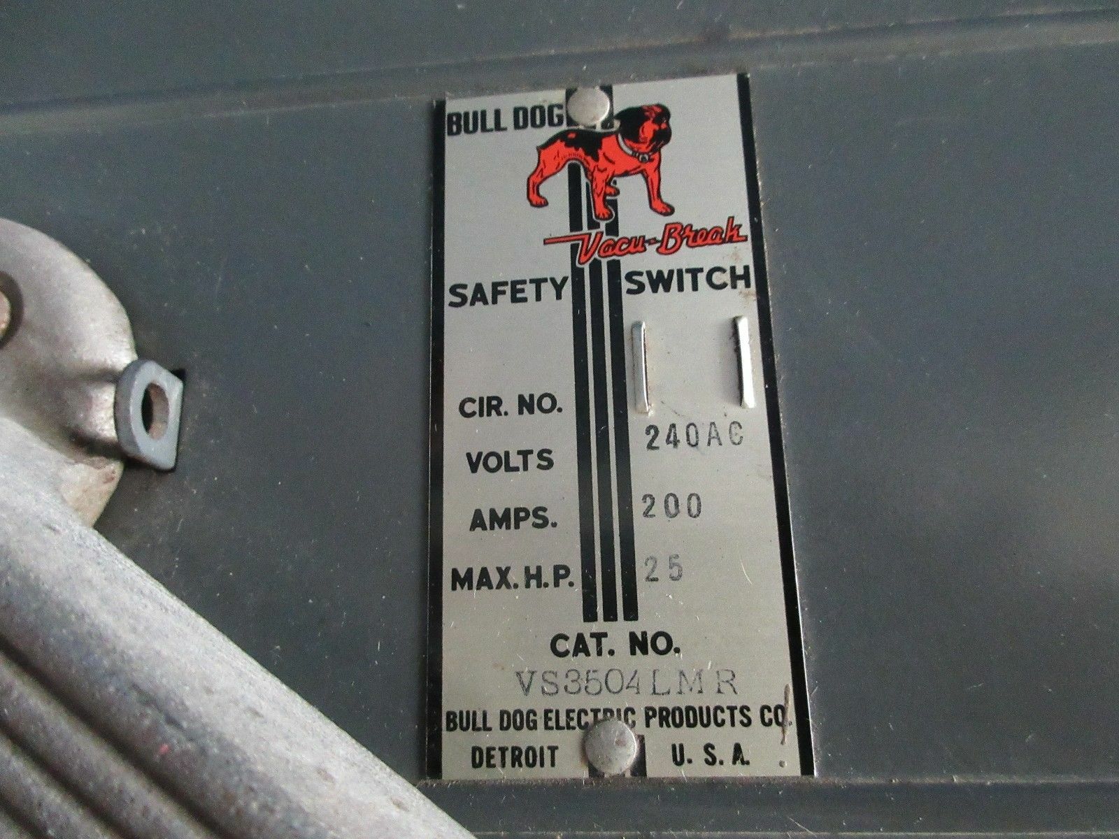 BULLDOG PANELBOARD SWITCH VS3504LMR 200A 240V FUSED 1YR WARRANTY | eBay