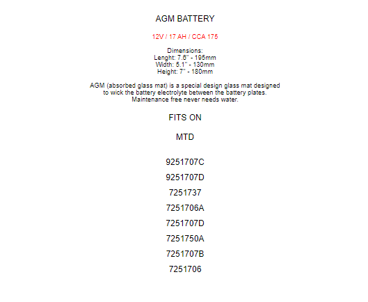 AGM Battery For MTD 925-1707C 925-1707D 725-1737 725-1706A 725-1707D ...