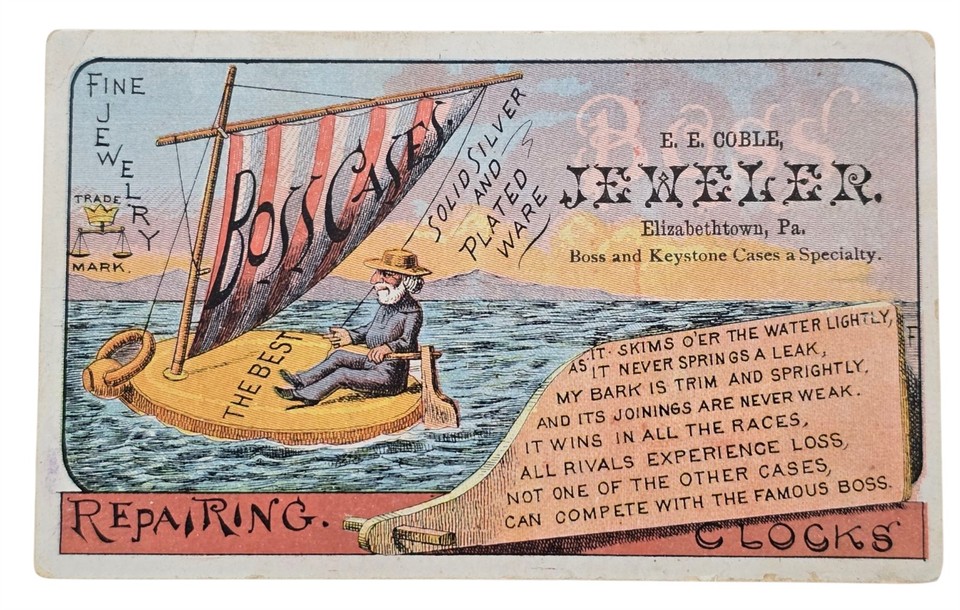 1880 antique E E COBLE elizabethtown pa JEWELER AD CARD sail boat BOSS ...
