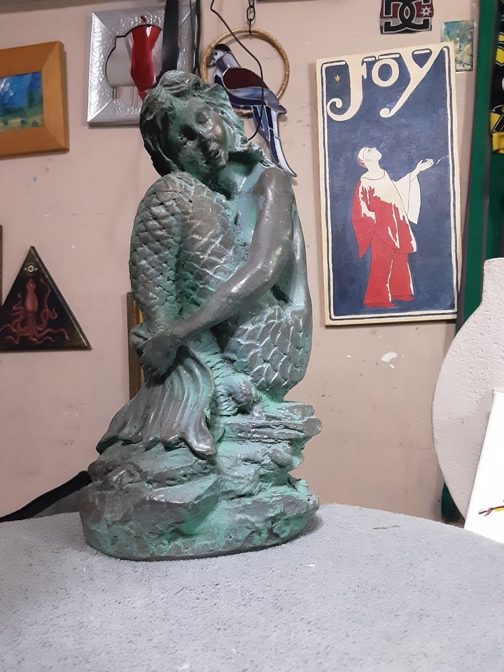 INCREDIBLE VINTAGE CEMENT SEATED MERMAID ART SCULPTURE BRONZE TONE W/VERDIGRIS | eBay