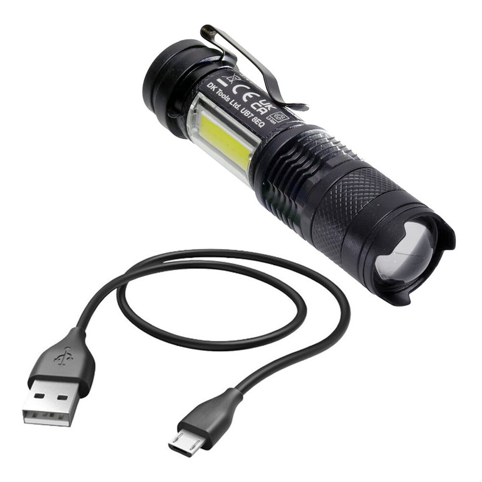 USB Rechargeable Torch Mini Pocket Flashlight COB LED Adjustable Beam ...