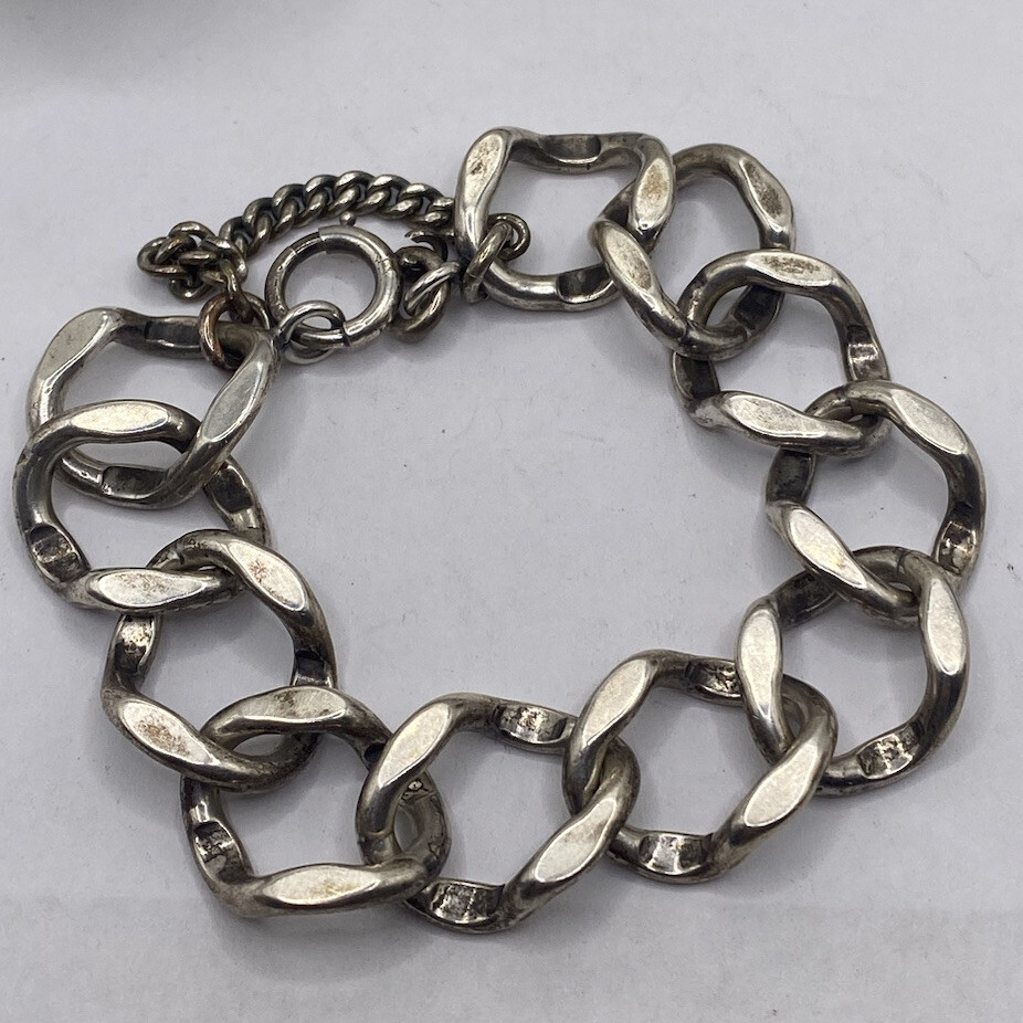 VINTAGE STERLING SILVER HEAVY WIDE CHAIN LINK BRACELET - Gem