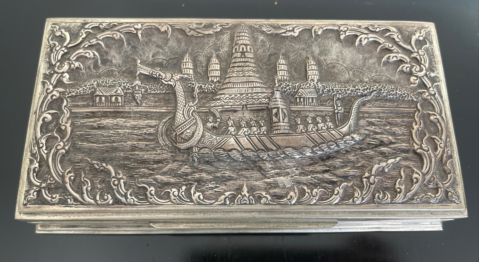 Siam Sterling Silver Cigar Cigarette Jewelry Desk Box Boat Wood Lined ...