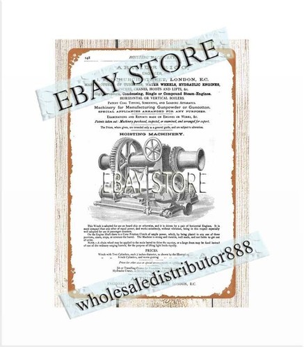 1876 hoisting machinery Arthur Rigg Engineer metal tin sign rustic yard ...