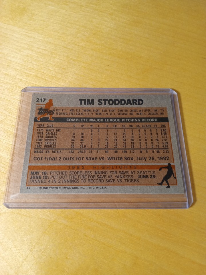 1983 Topps #217 TIM STODDARD Baltimore Orioles Baseball Card, Pitcher ...