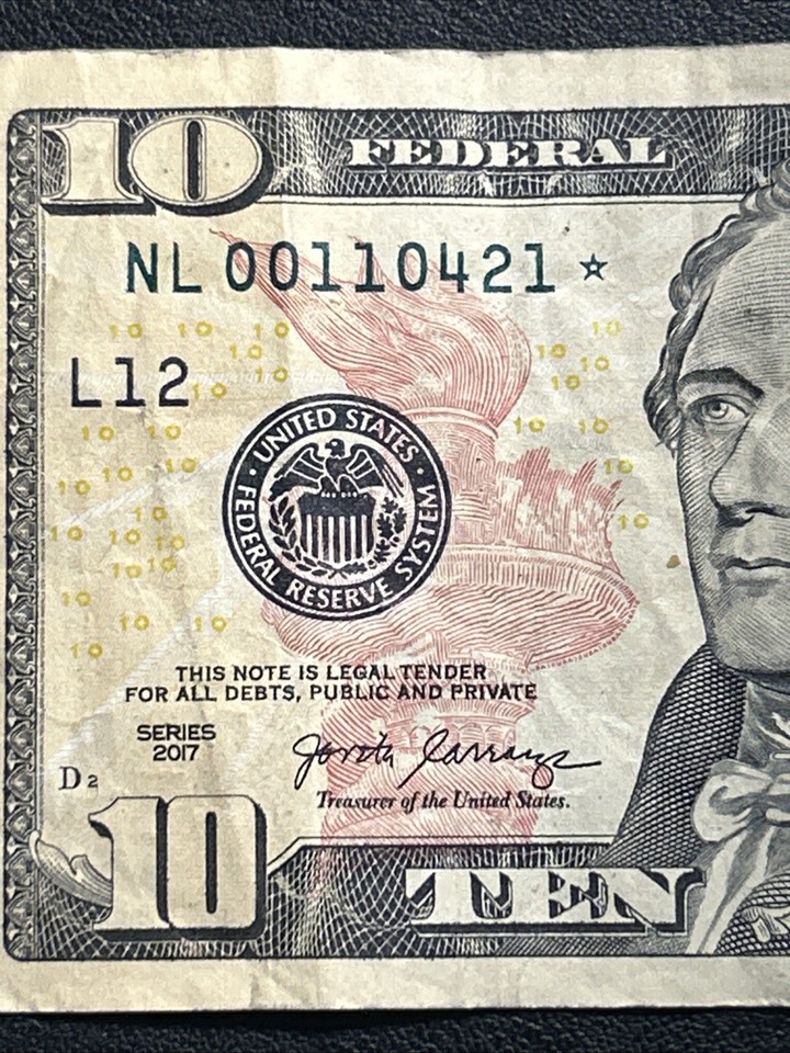 2017A $10 Dollar Bill Star Note NL00110421* Low 320K Run San Francisco ...
