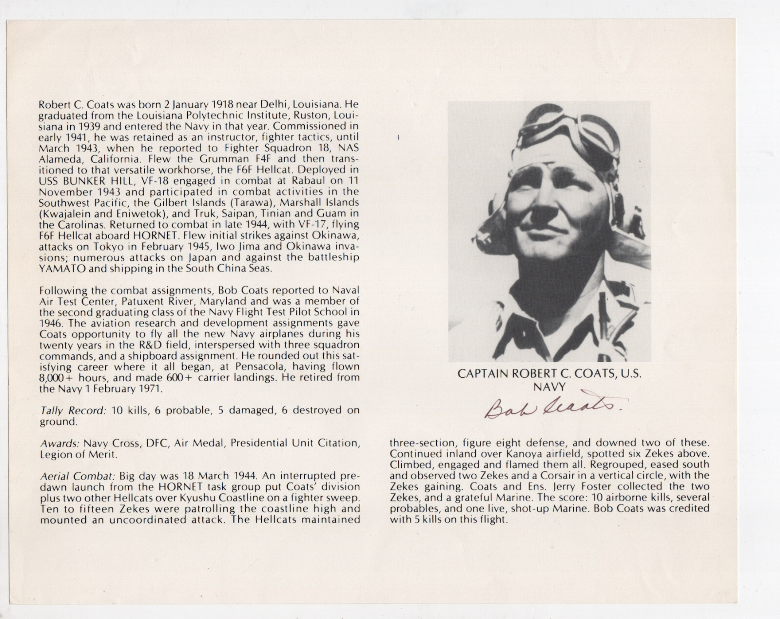US Navy WWII Ace ROBERT C COATS Autograph Aviator | eBay
