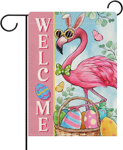 Welcome Easter Flamingo Decorative Garden Flag, Easter Eggs Basket ...