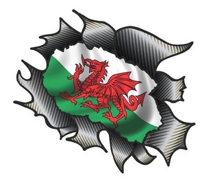 CLASSIC Ripped Open Carbon Fibre Rip & Welsh Dragon Wales CYMRU Flag ...