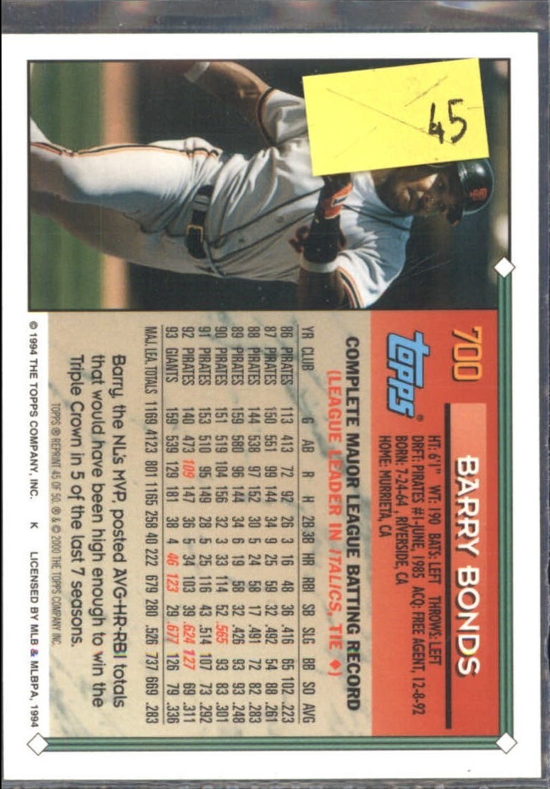 2001 Topps Through the Years Reprints #45 Barry Bonds '94 - NM-MT | eBay