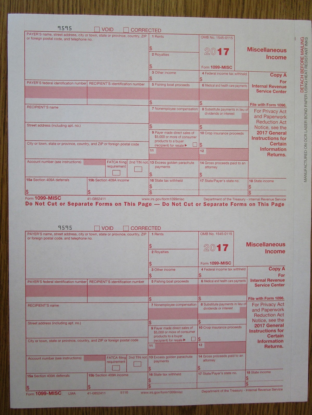 2017 IRS Tax Form 1099-MISC single sheet set for 2 recipients LASER 4 ...