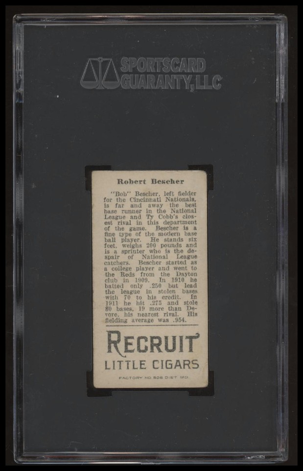 1912 T207 BOB BESCHER VG BROWN BACKGROUNDS RECRUIT SGC 3 CINCINNATI ...