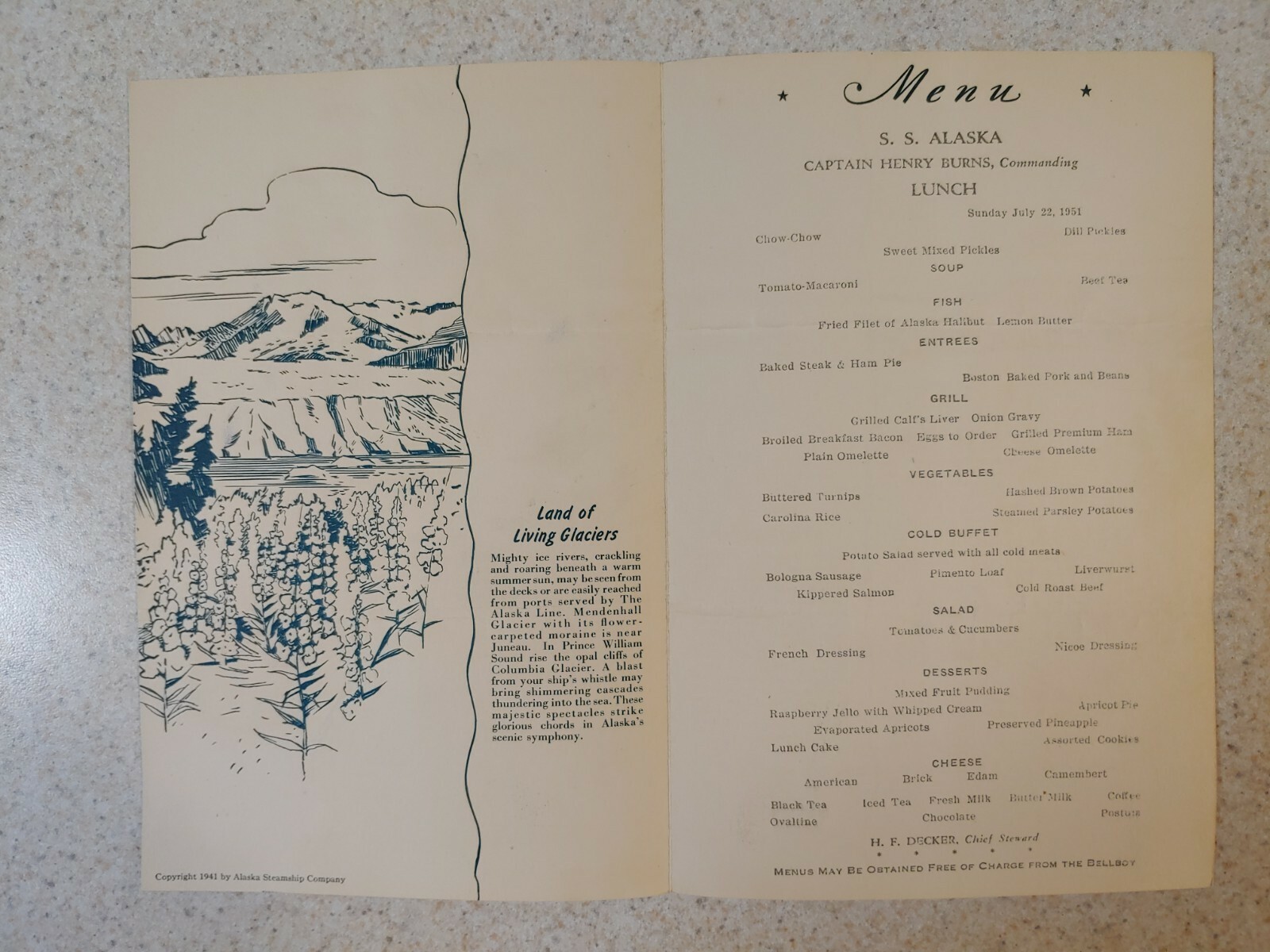 LOT VTG 1951 ALASKA STEAMSHIP CO - CRUISE LINE SHIP MENU S.S. ALASKA ...