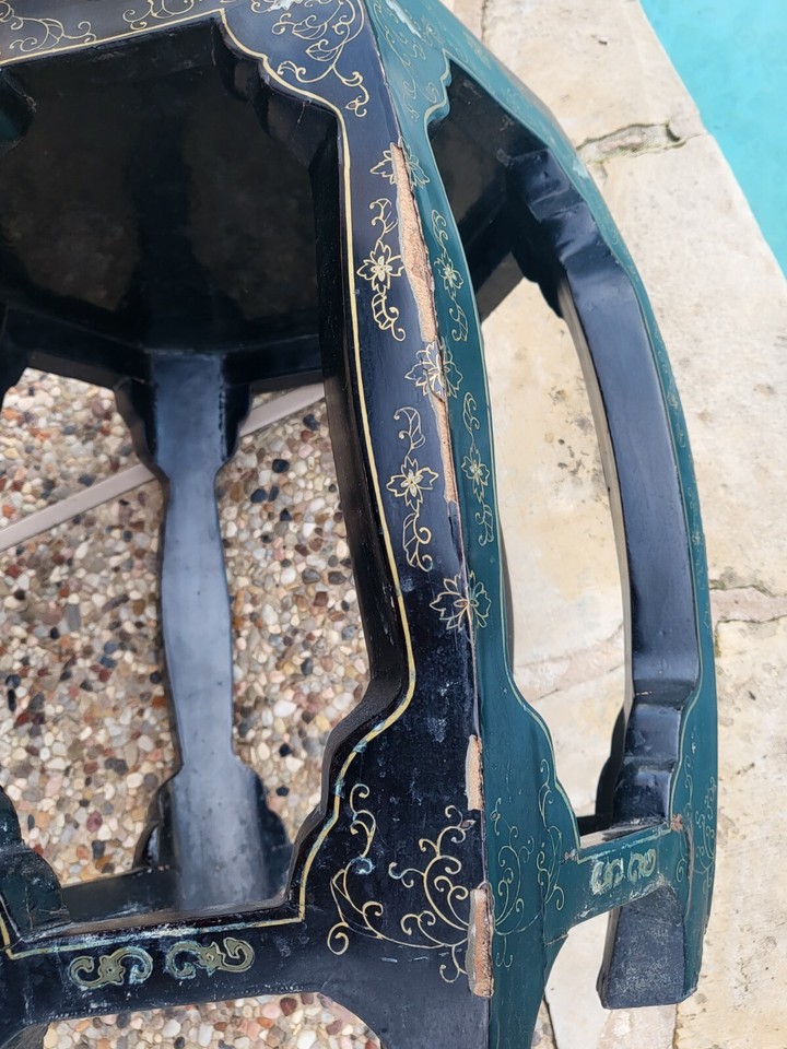 Vtg Chinoiserie Black Lacquer MOP Shell Inlay Oriental Drum Stool ...