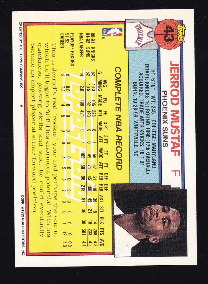 1992-93 Topps Gold Jerrod Mustaf #43 Phoenix Suns | eBay