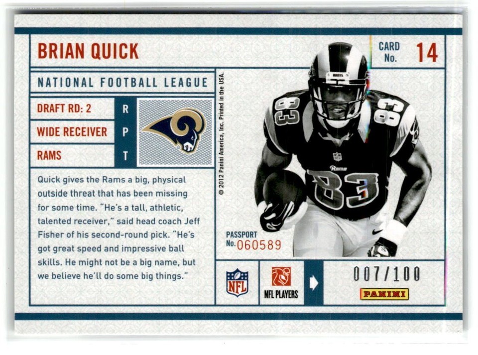 Brian Quick SN/100 St. Louis Rams 2012 Panini Prestige NFL Passport ...