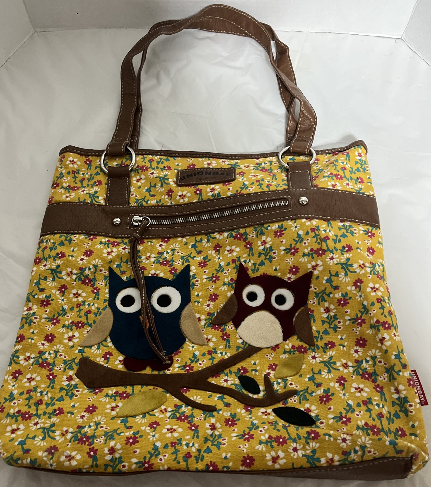 Union Bay Owl Shoulder Purse Leather Straps Yellow Floral Fuzzy Owls | eBay