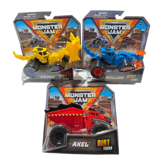 Complete Set ~ 3 NEW / SEALED ~ Monster Jam Dirt Squad ~ Axel, Drilliam ...